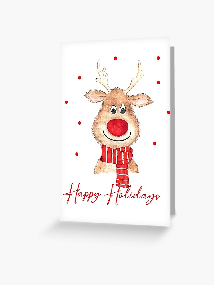 "Happy holidays rudolph reindeer in watercolor" Greeting Card for Sale ...