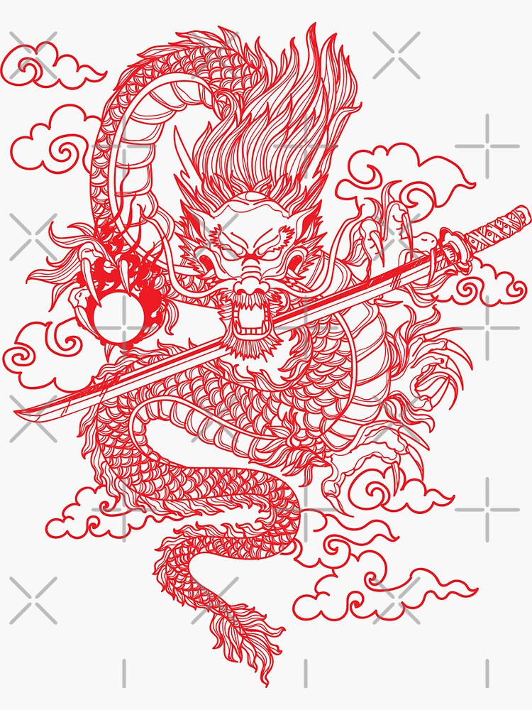 Red Chinese Dragon With Black Background Sticker For Sale By
