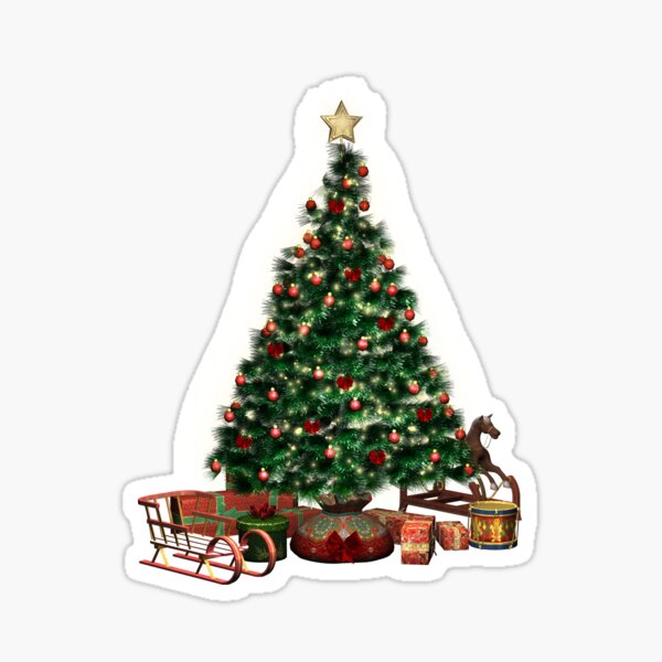 "Shining Christmas Tree with gifts in front of red background" Sticker ...