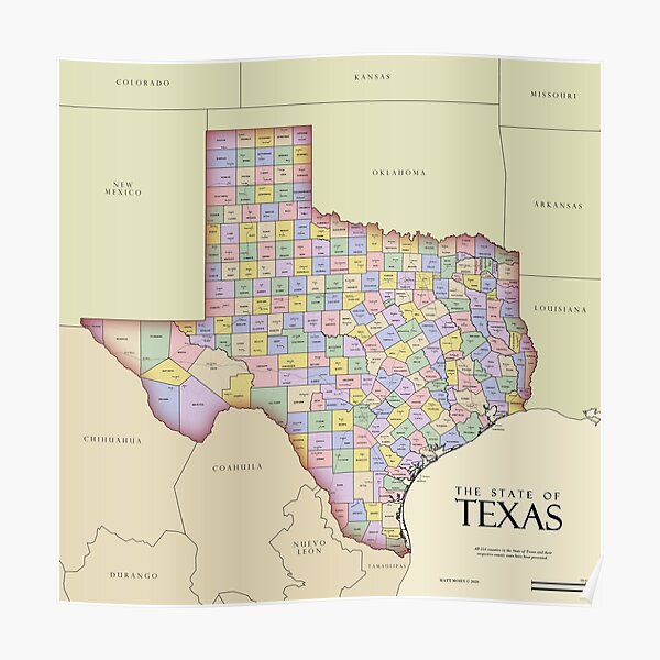 "Texas County Map" Poster for Sale by TexasMapShop | Redbubble