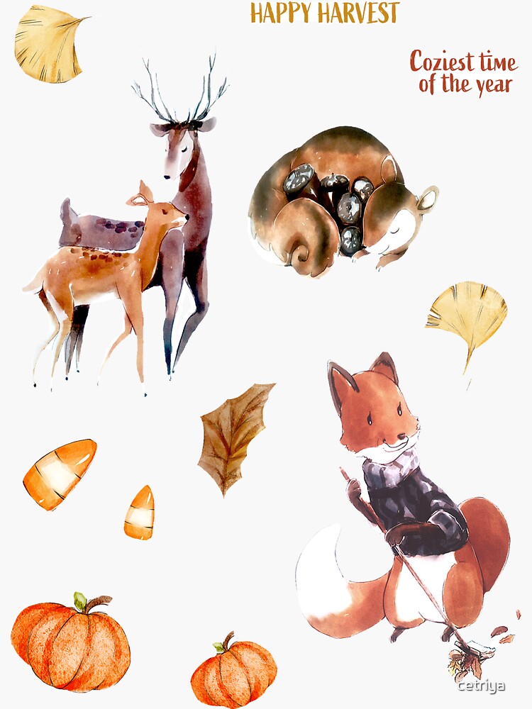 "Happy Autumn Harvest Fall Critters" Sticker for Sale by cetriya ...