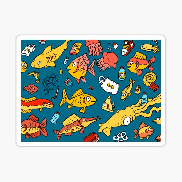 "plastic ocean with colorful fish. environmentalism. " Sticker for Sale ...