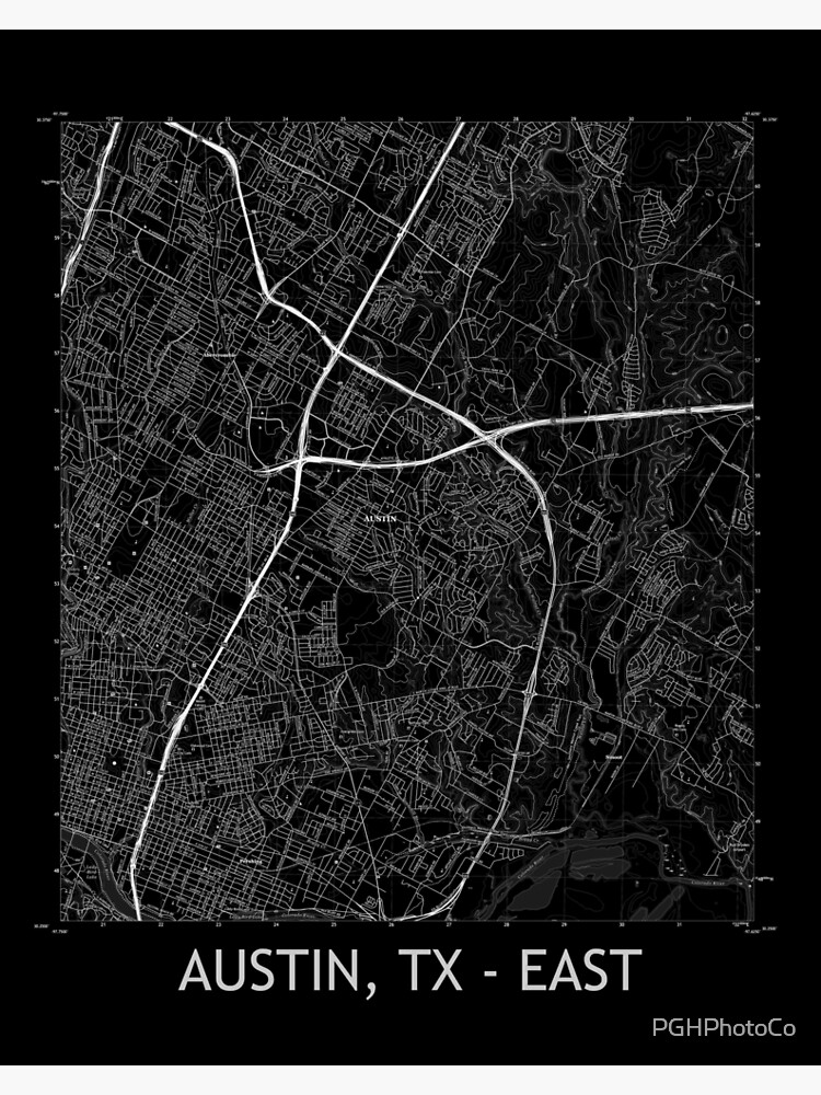 Austin, TX - EAST Topographical Map Black Premium Matte Vertical Poster ...