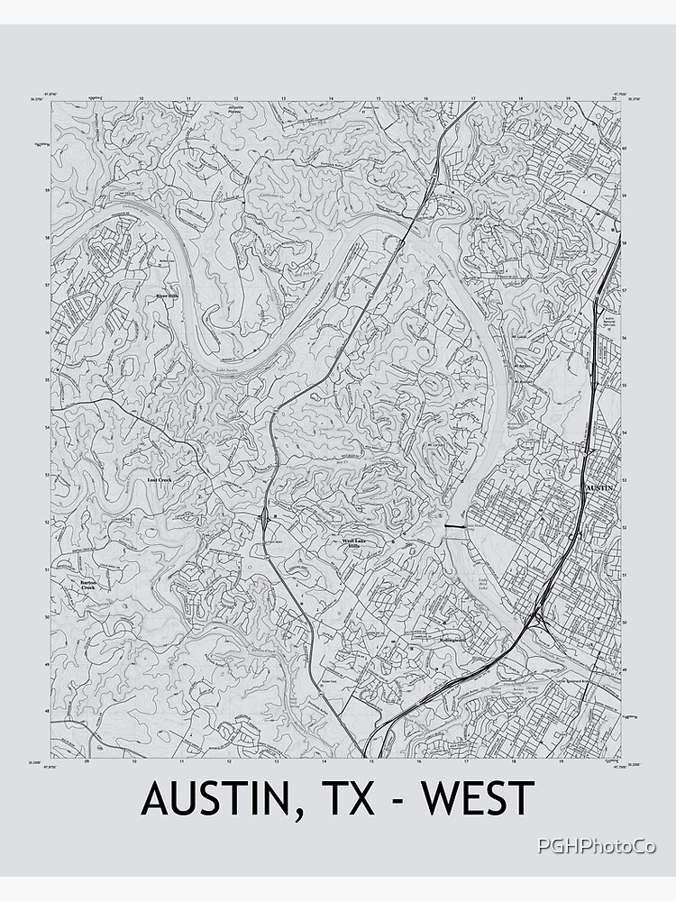 Austin, TX - WEST Topographical Map Grey Premium Matte Vertical Poster ...