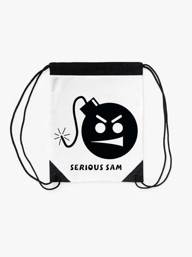 "Serious Sam Bomb Black And White Text" Drawstring Bag for Sale by ...