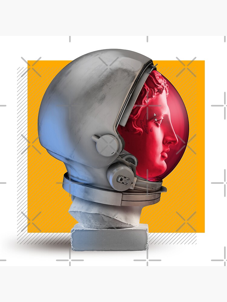 "Cool hippy Greek god statue in a retro space helmet-orange background ...
