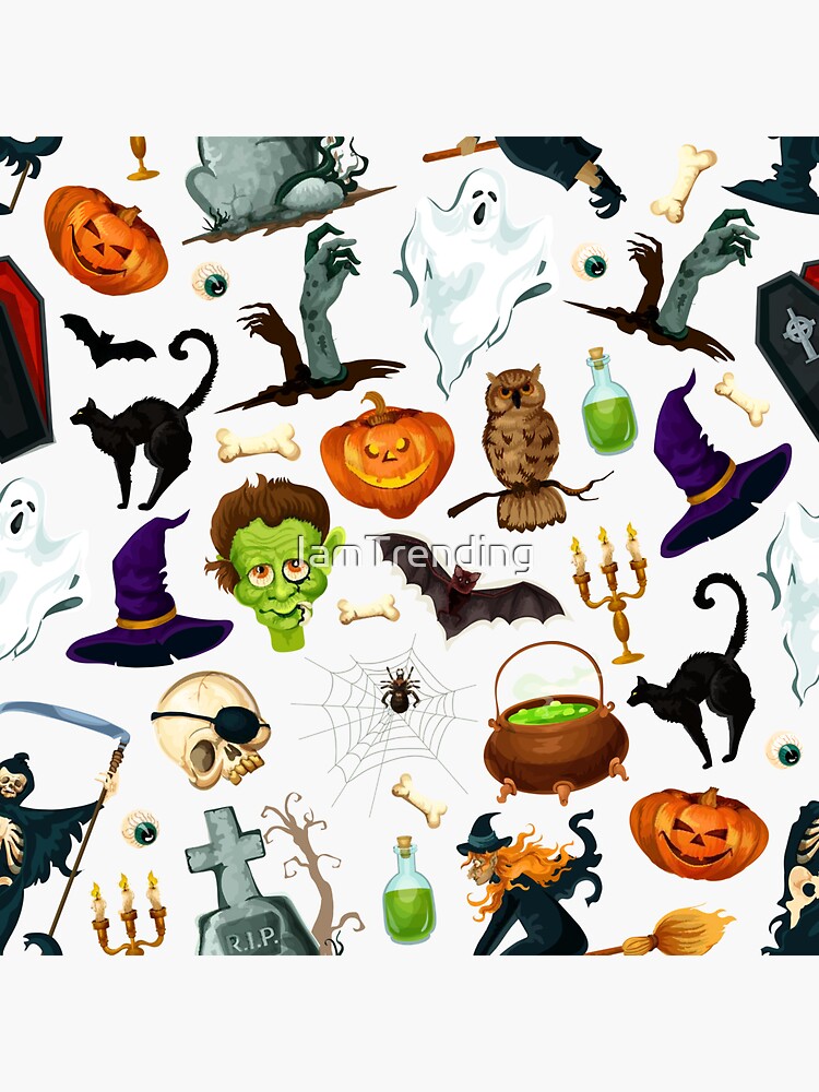 "Bat Skull Ghost Zombie Black Cat Witch Frankenstein Halloween" Sticker ...