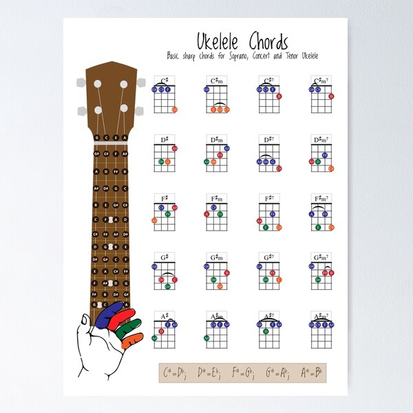 "Ukulele Chords Chart, Fingering Diagram for Beginners" Poster by G ...