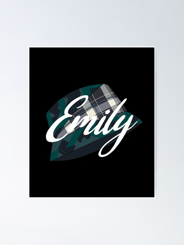 "Blue, beige and green tartan hat with the name 'Emily' written over it ...