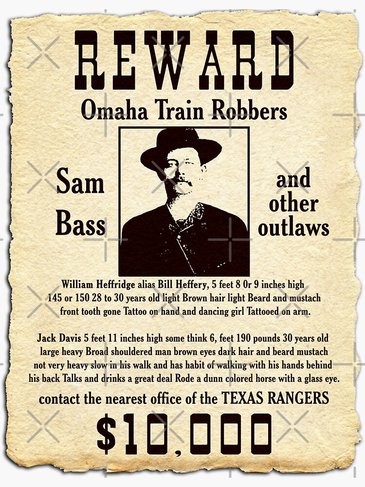 "Sam Bass Gang Wanted Poster" Sticker for Sale by kayve | Redbubble