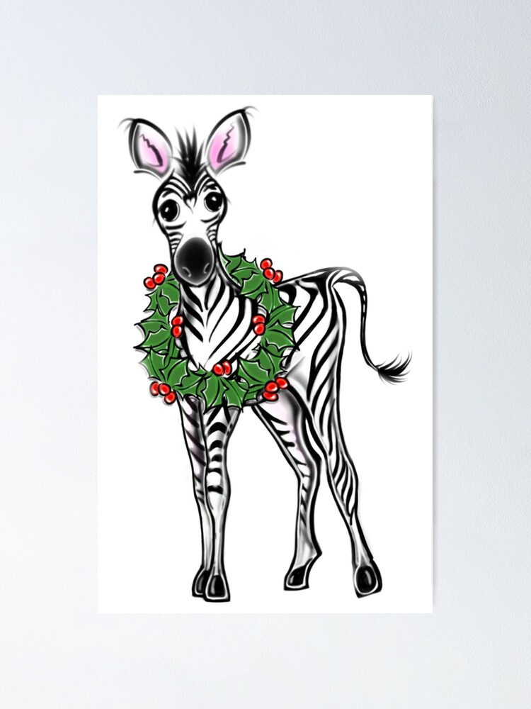 "Festive Holiday Zebra illustration with Christmas red and green Holly ...