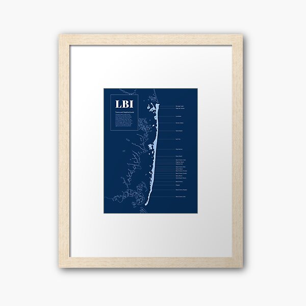 "LBI Long Beach Island, NJ Illustrated Town Map" Framed Art Print for ...