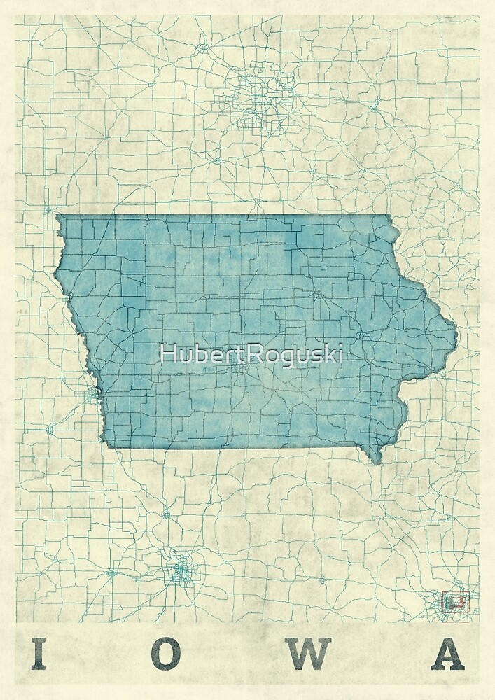 "Iowa State Map Blue Vintage" by HubertRoguski | Redbubble