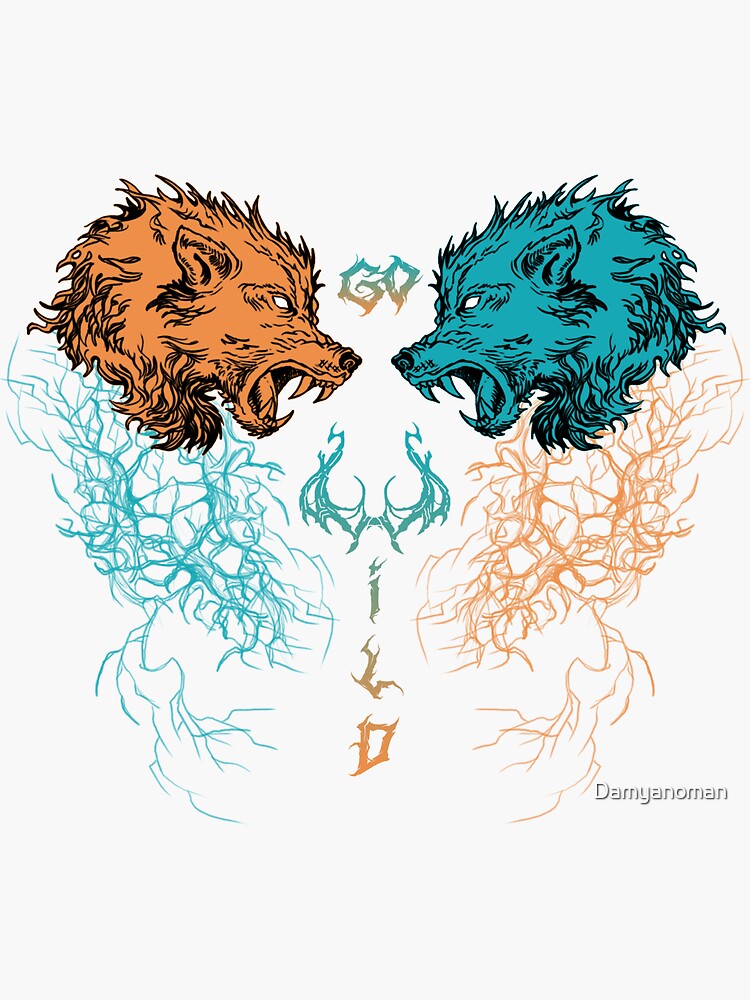 "Dark Animal Wolves T-Shirt "Go Wild - 6 ORANGE AND TEAL "" Sticker by ...