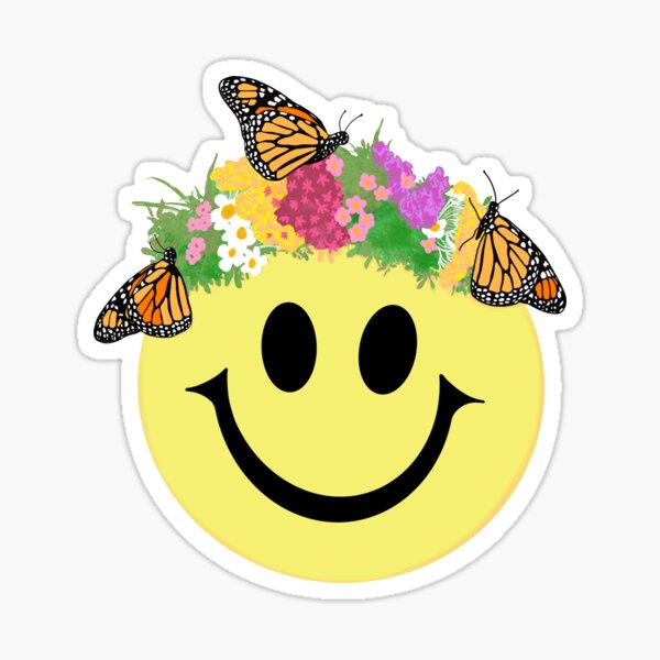 "Smiley Face Butterfly Flower Crown Yellow" Sticker for Sale by ...