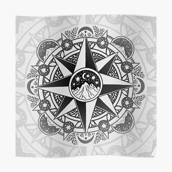 "Journey to Moon Mountain | Compass Rose Nature Mandala | Black & Grays ...