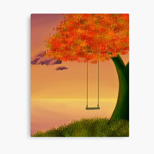 "Autumn Sunset Tree Swing Painting - Autumn Anime Scenery Painting ...