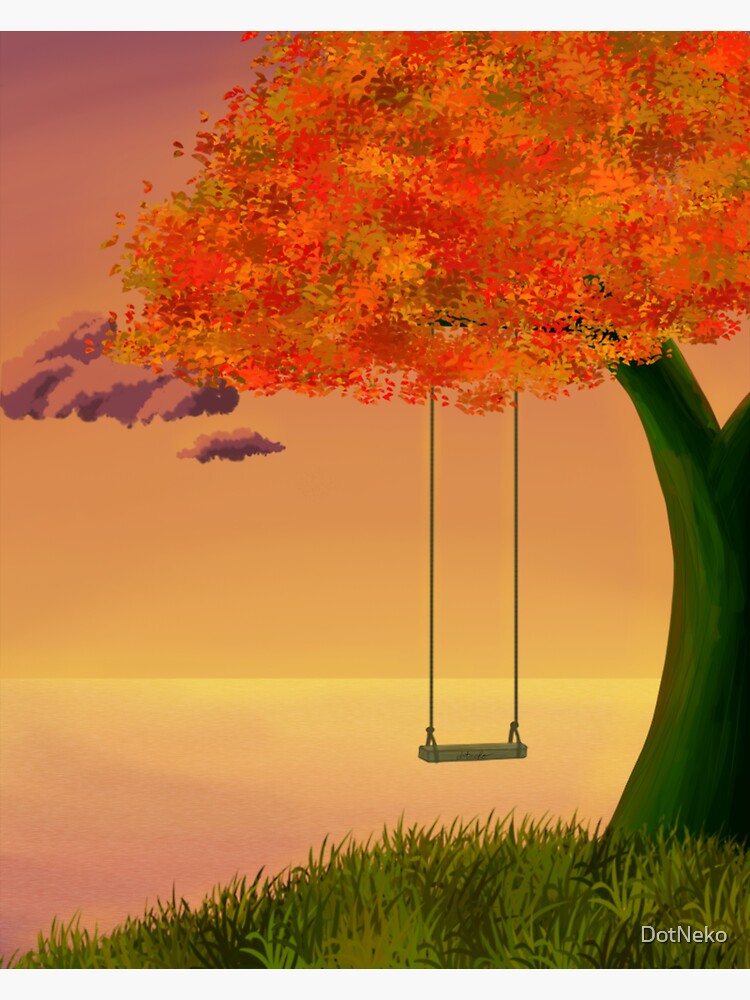"Autumn Sunset Tree Swing Painting - Autumn Anime Scenery Painting ...