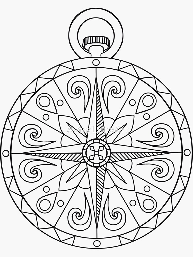 Pegatina Brújula Mandala Colorable Lineart Negro Sin Fondo De Astralunaart Redbubble