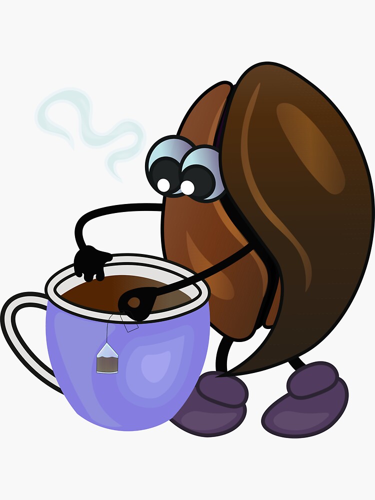 "Cute cartoon coffee bean with eyes holds teabag, makes tea." Sticker ...