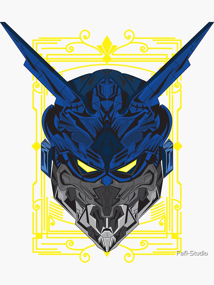 "Blue mecha illustration with golden ornamental frame" Sticker by Fafl ...
