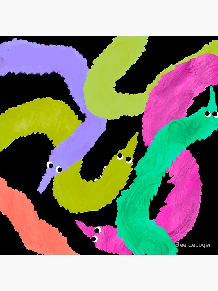 "Worm Party! | Muted Rainbow worms on black " Art Print for Sale by ...