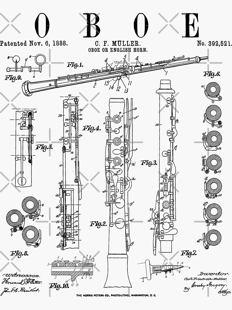 "Oboe Vintage Patent Oboist Drawing Print" Sticker by GrandeDuc | Redbubble