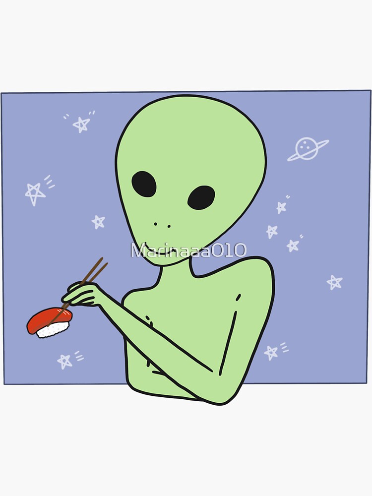 "Alien Eating Sushi Meme Funny UFO ET Anime Logo" Sticker for Sale by ...