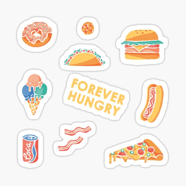 "Forever hungry. White and yellow junk food pattern" Sticker by mevap ...
