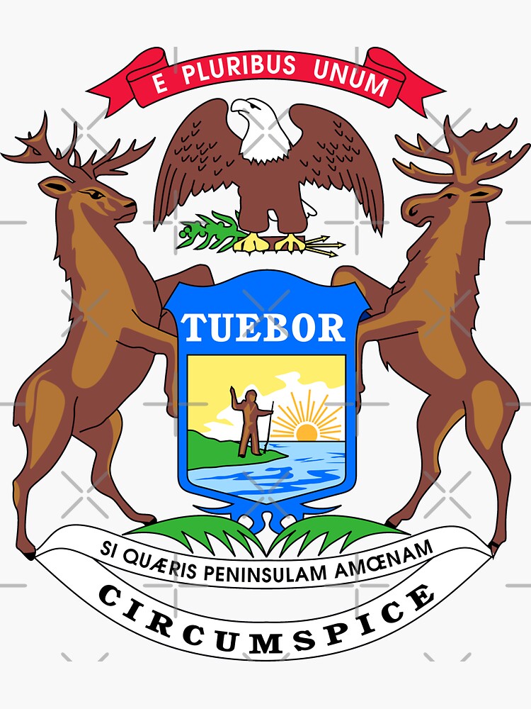 "MICHIGAN COAT OF ARMS MICHIGAN STATE FLAG" Sticker by enigmaticone ...