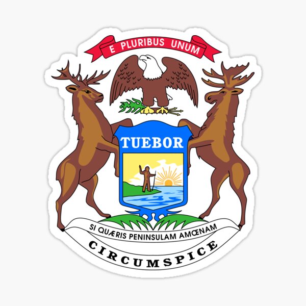 "MICHIGAN COAT OF ARMS MICHIGAN STATE FLAG" Sticker by enigmaticone ...