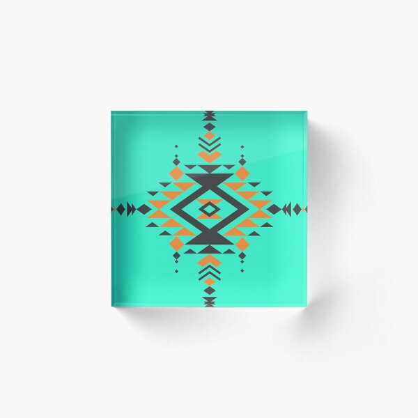 "Teal Orange and Gray Aztec Southwestern Pattern" Acrylic Block for ...