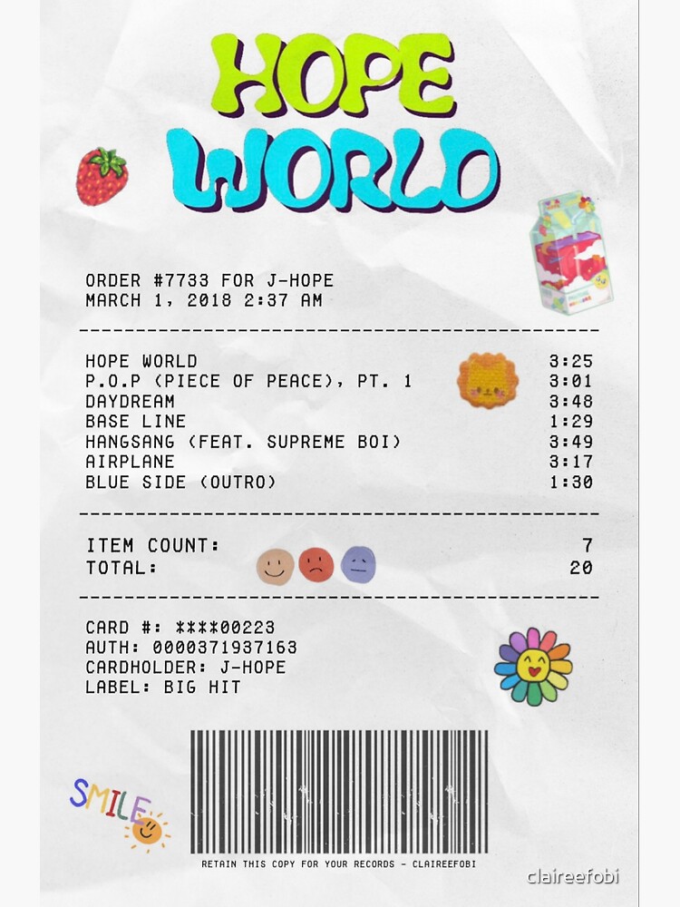 "hope world album receipt" Sticker for Sale by claireefobi | Redbubble
