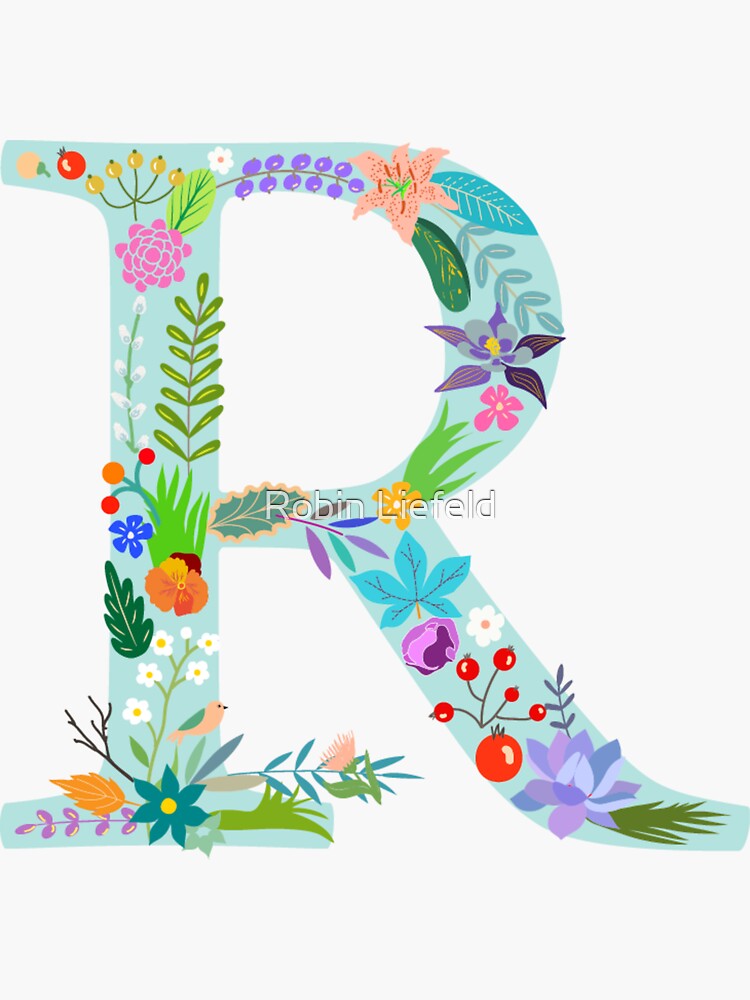 "Light Blue Letter R Floral Monogram" Sticker by robinliefeld | Redbubble