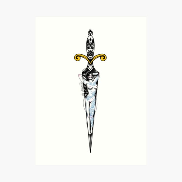 "Sharp Lady Dagger Pin Up Tattooed Body Traditional Flash Tattoo" Art ...