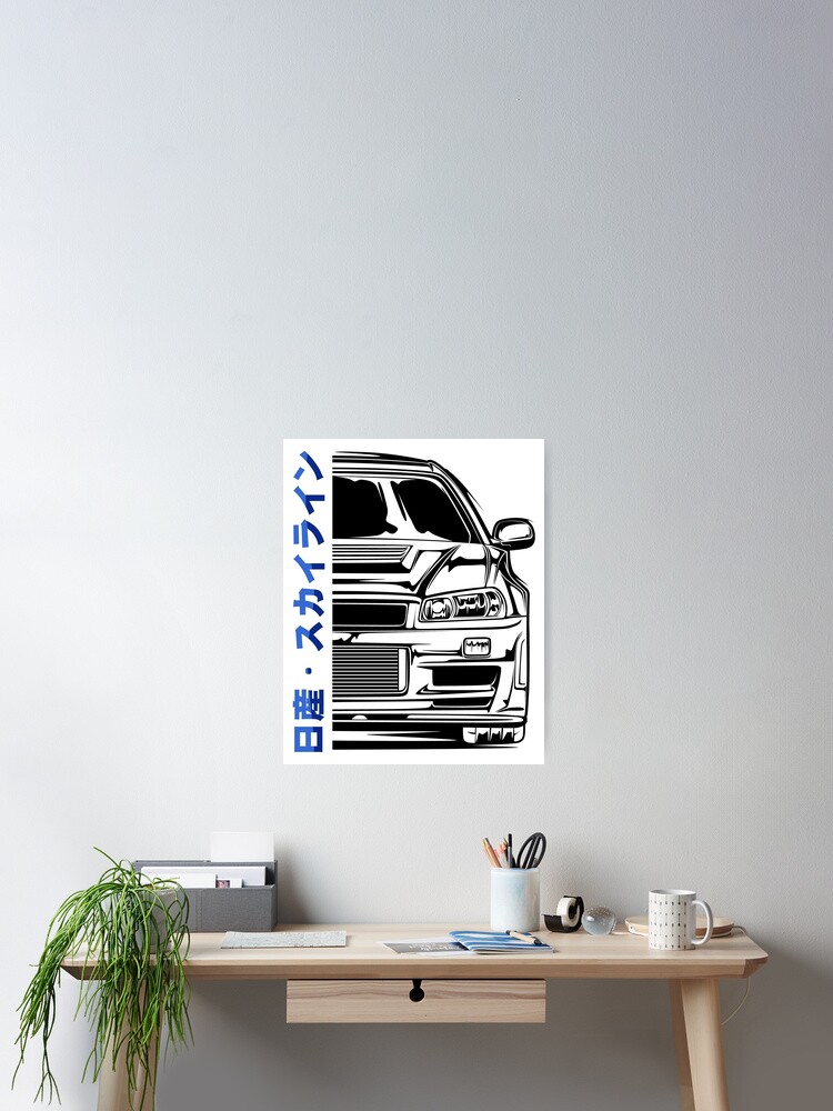 "Skyline R34 GTR V Spec Half Front Illustration" Poster for Sale by ...