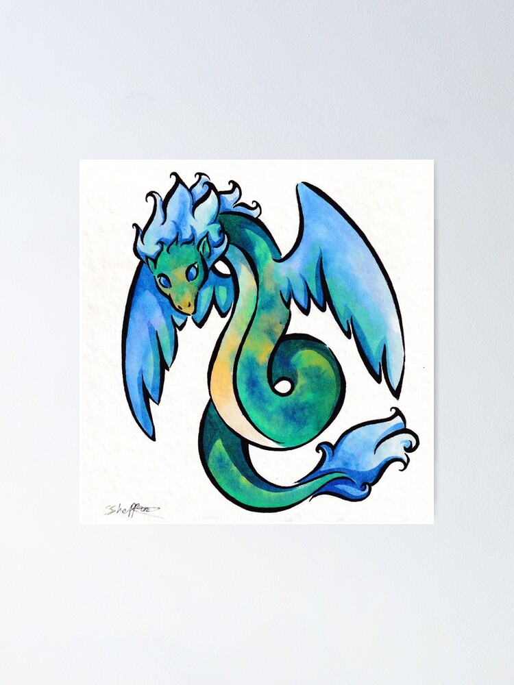Póster «Dragón de tinta de dibujos animados lindo | Amphiptere verde y ...
