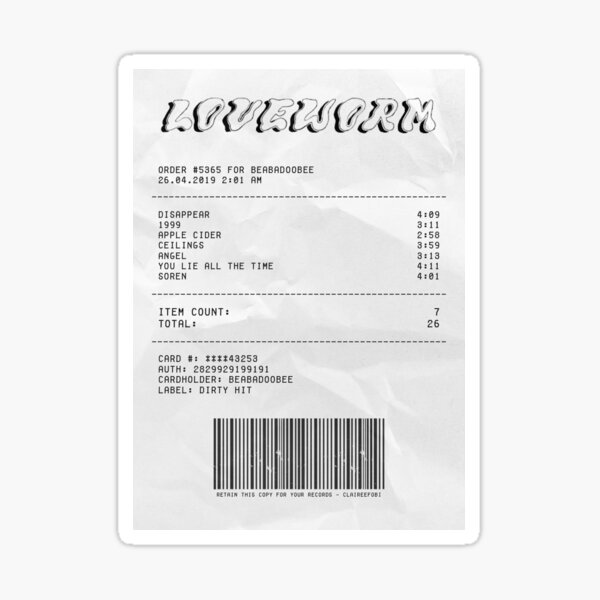 "loveworm album receipt" Sticker for Sale by claireefobi | Redbubble