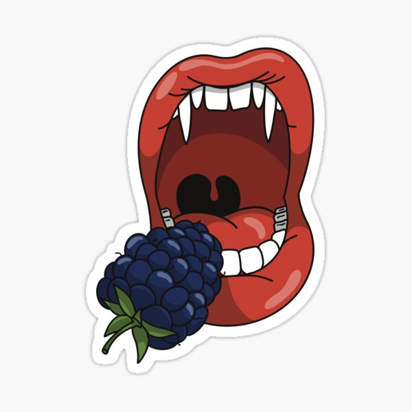 "Mouth with Vampire teeth about to eat a blue blueberry." Sticker by ...
