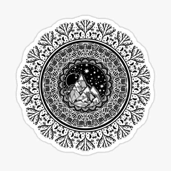 "Nature wilderness outdoors with mountains motif in decorative circle ...