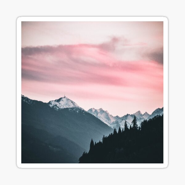 "Pink sky and Snow capped mountains" Sticker by BloompodDesigns | Redbubble