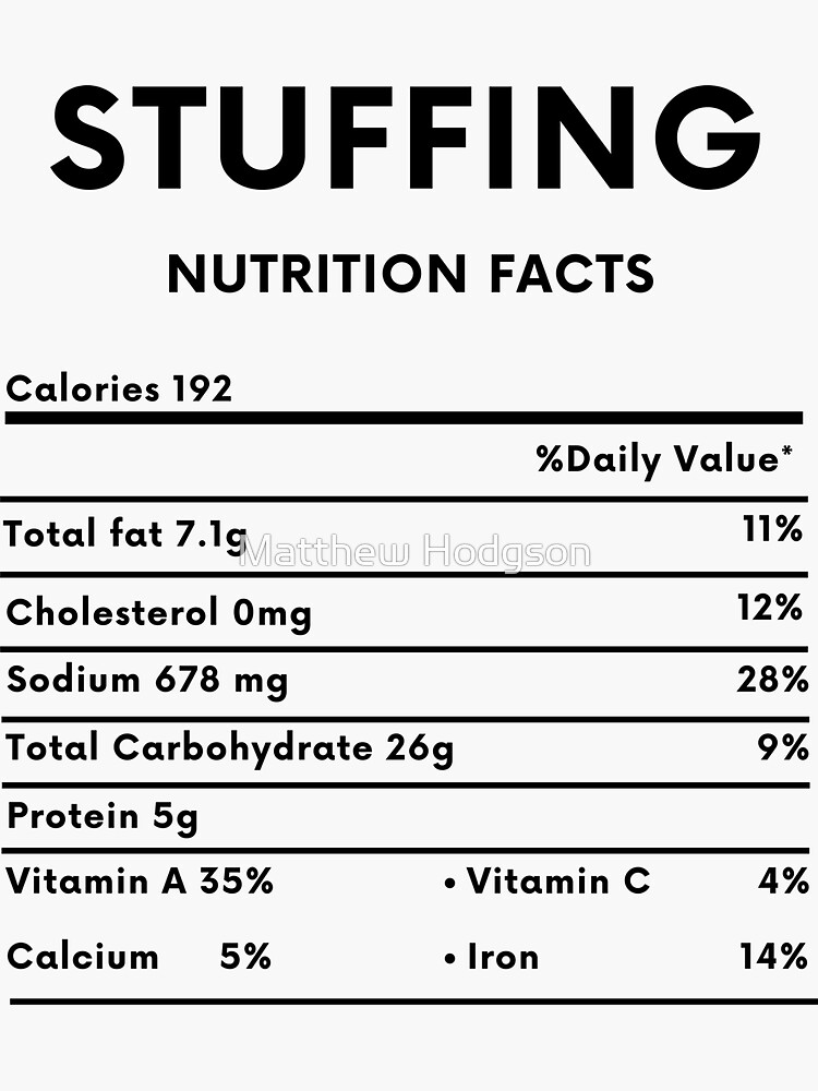 "Stuffing Thanksgiving Dinner Food Label Nutrition Facts " Sticker for ...
