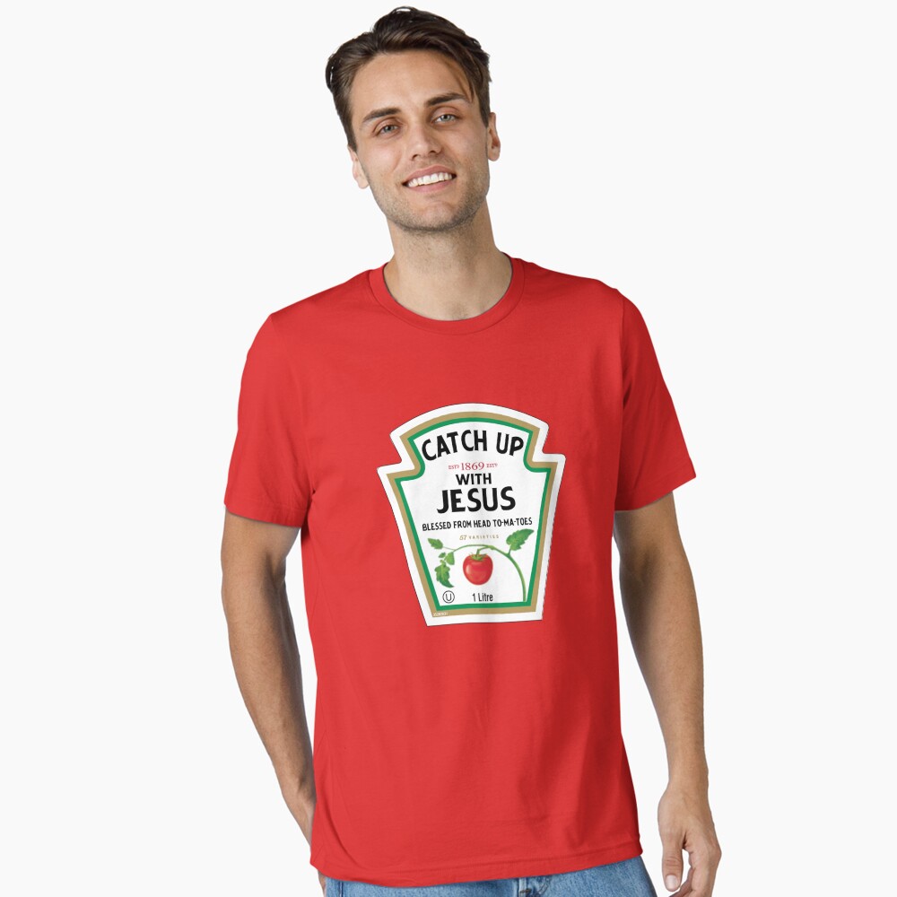 "Funny Catch Up With Jesus Ketchup Christian Joke" Sticker by ELKaito ...