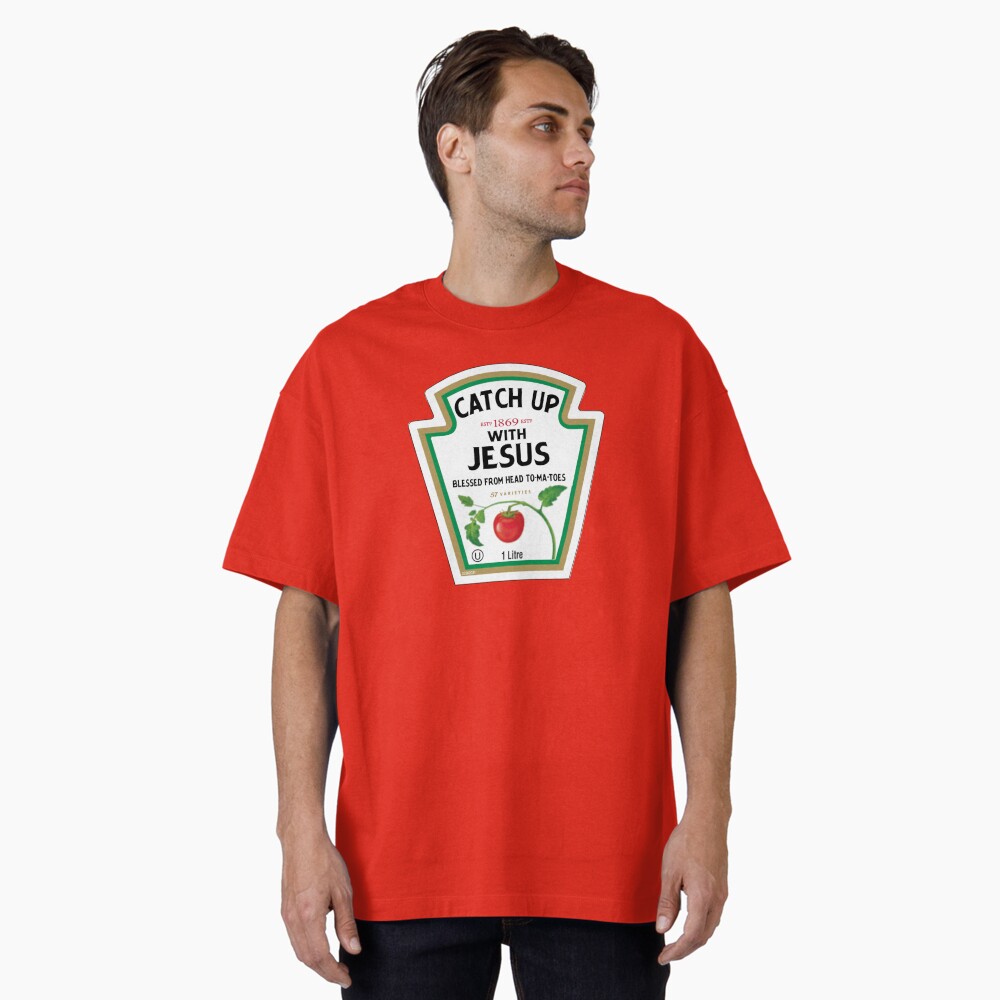 "Funny Catch Up With Jesus Ketchup Christian Joke" Sticker by ELKaito ...