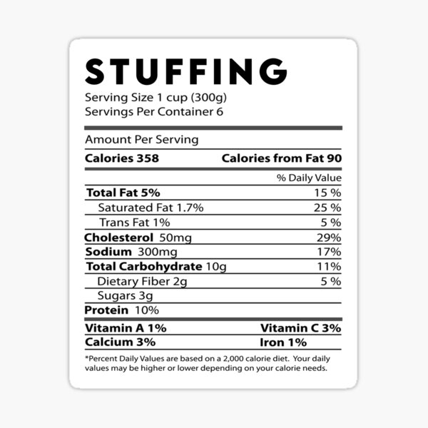 "Stuffing Thanksgiving Dinner Food Label Nutrition Facts" Sticker for ...
