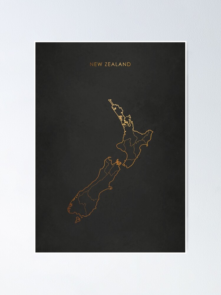"New Zealand Gold Outline Map with Regions" Poster for Sale by ...