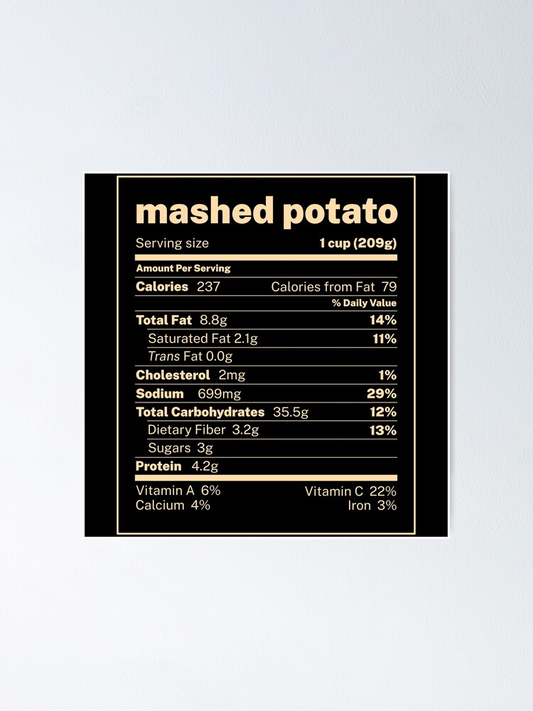 "Mashed Potato Nutrition Facts for Thanksgiving Food Costume" Poster ...