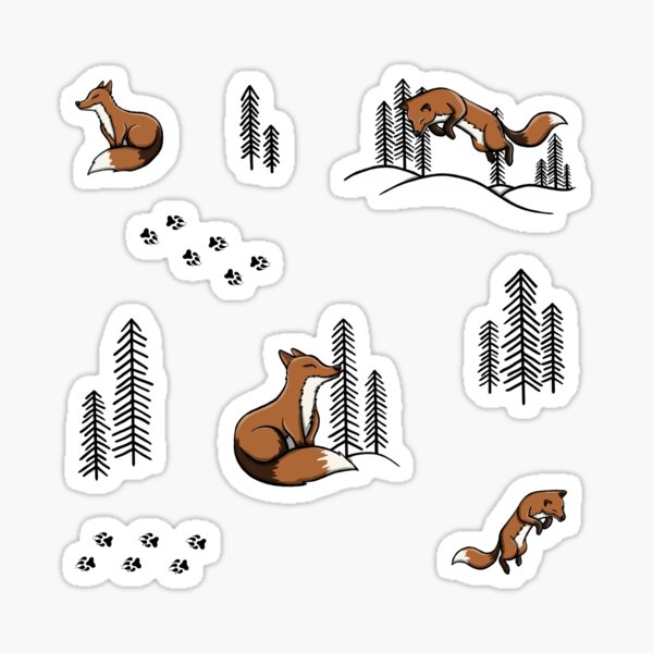 "Wintery Fox in A Snowy Forest Pattern Digital Illustration" Sticker ...