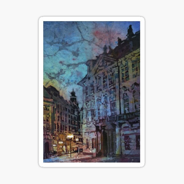 "Prague street scene at twilight- watercolor batik painting of city of ...