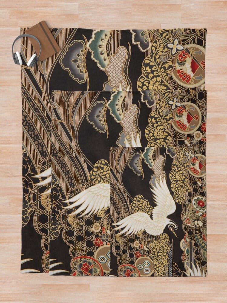 "VintageJapanese Cranes Gold and Black " Throw Blanket for Sale by ...